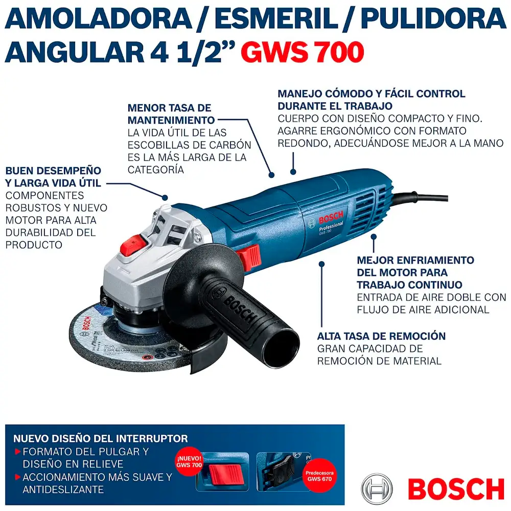 Esmeriladora angular 4 1/2" gws 700 bosch 710 w